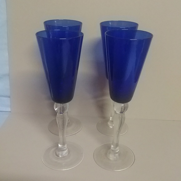 Unknown | Dining | 4 Cobalt Blue Wine Champagne Glasses With Crystal ...